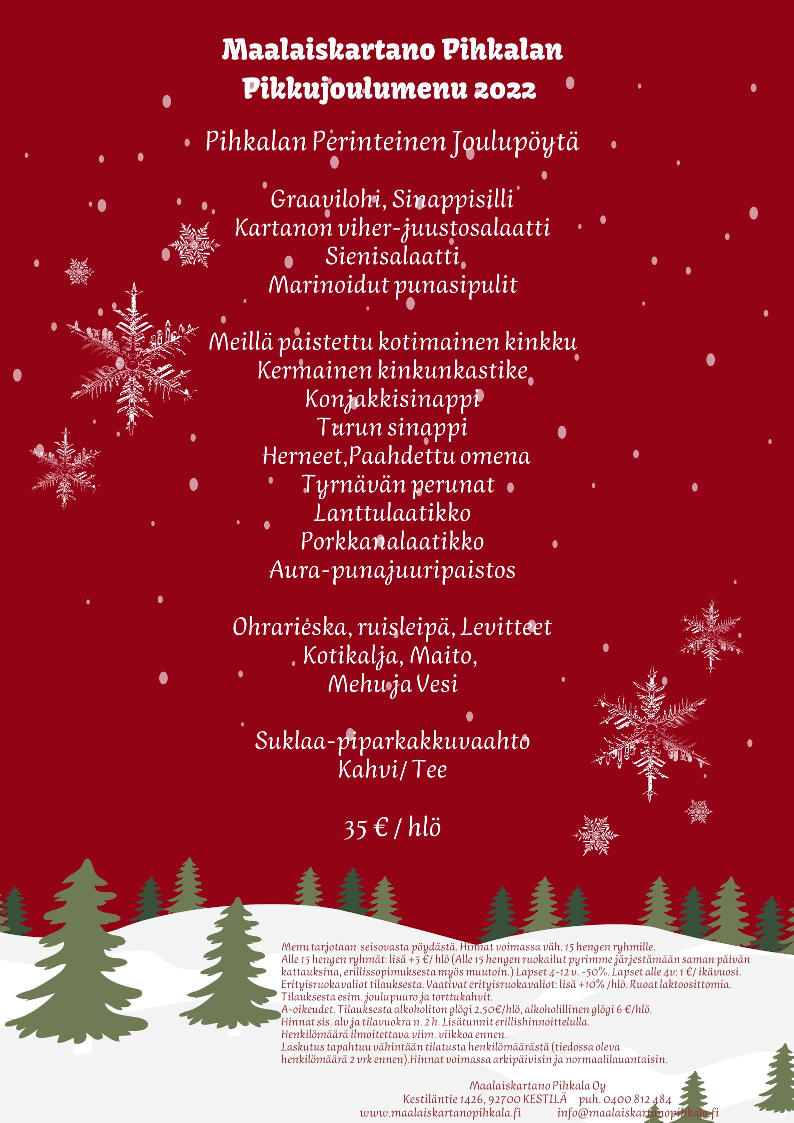 Pihkalan Joulumenu 2022 – Maalaiskartano Pihkala